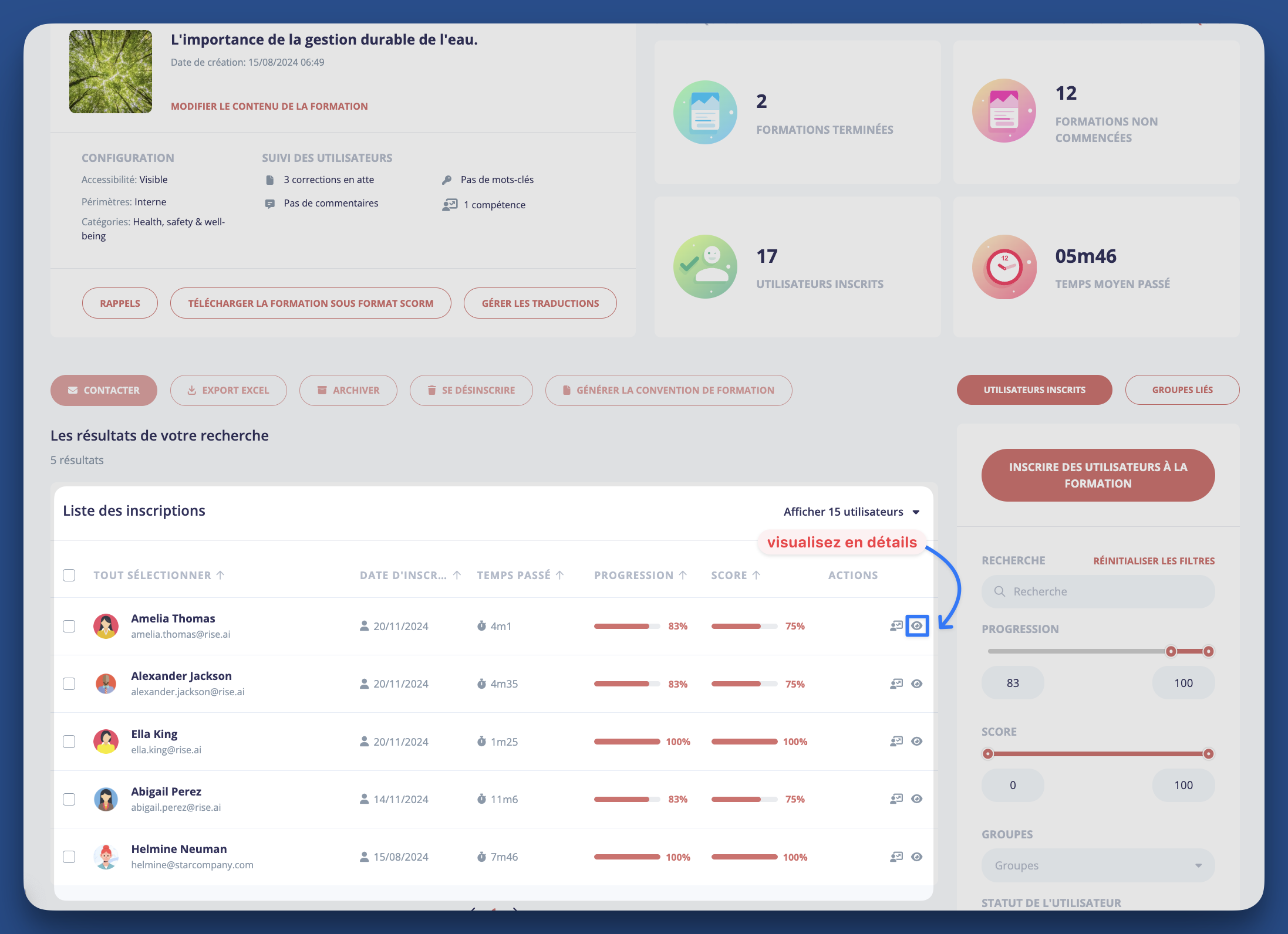 Accéder et Analyser la Progression des Formations – Rise Up Support